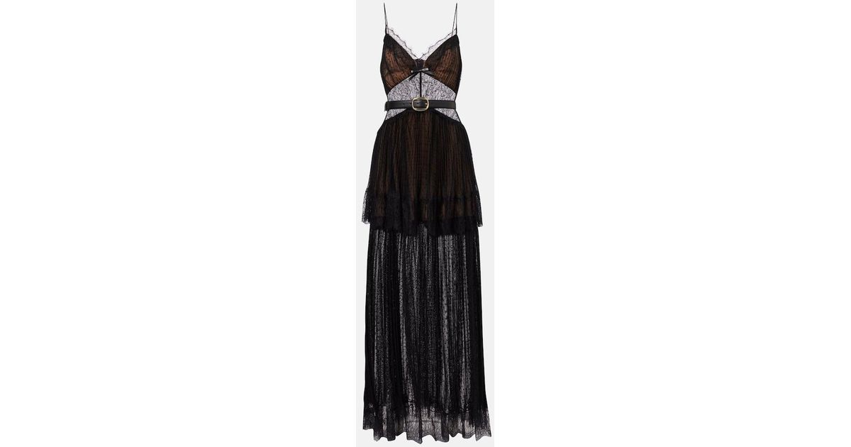 Self-Portrait Sheer Tiered Lace-Trimmed Maxi Dress in Black | Lyst