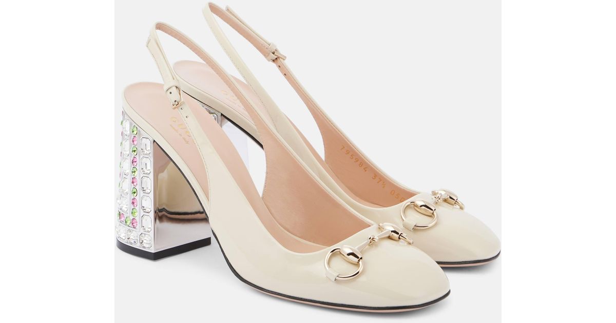 Gucci Horsebit Embellished Patent Leather Slingback Pumps in Natural ...