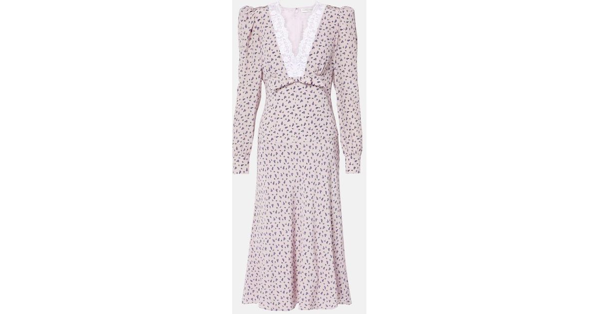 Alessandra Rich Floral Lace-Trimmed Silk Midi Dress in Purple | Lyst