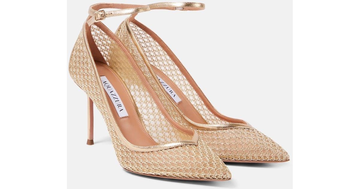 Aquazzura Asha 85 Leather-Trimmed Mesh Pumps in Natural | Lyst