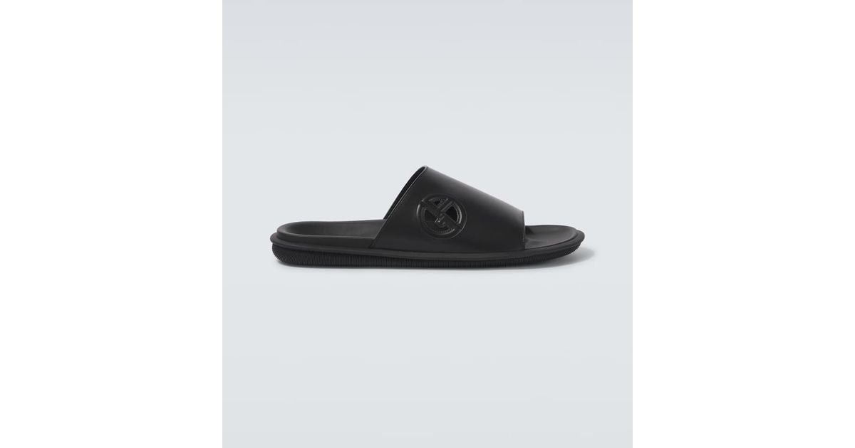 Giorgio Armani Logo Embossed Leather Slides in Black for Men | Lyst