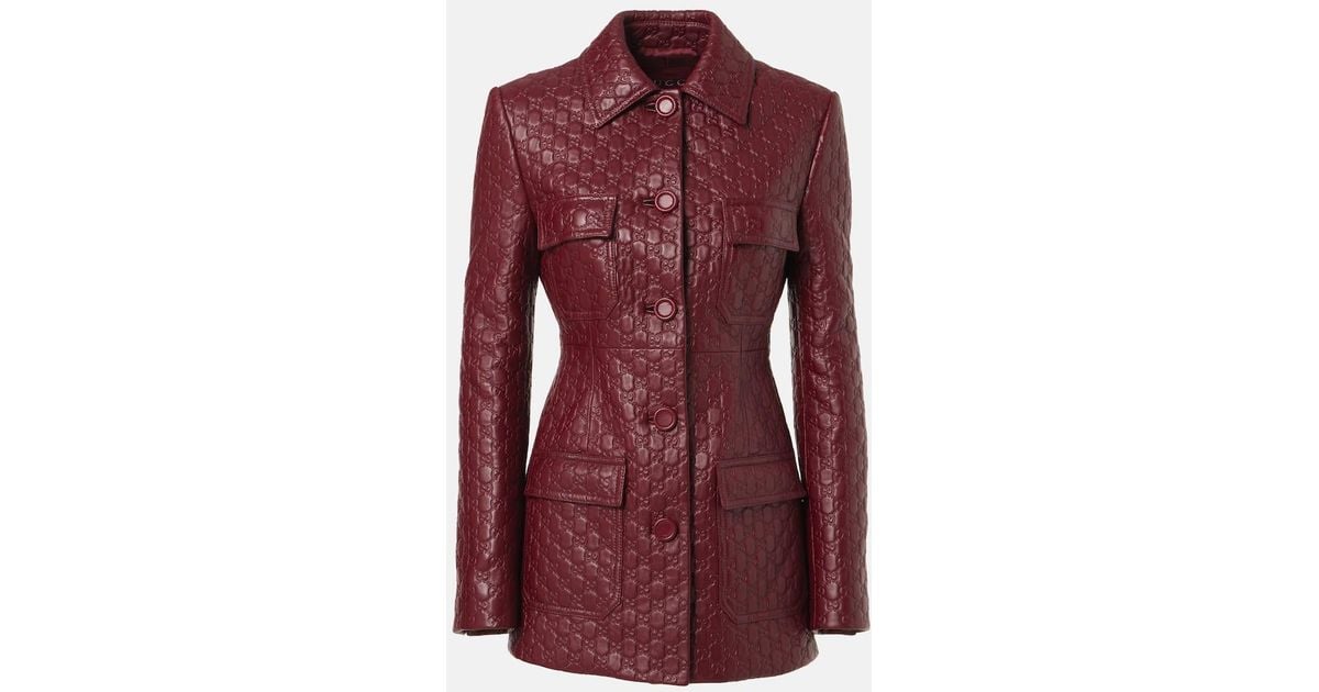 Gucci GG Embossed Leather Jacket in Red | Lyst
