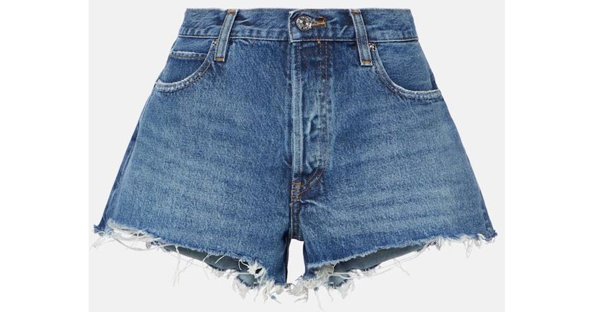 FRAME The Hang Frayed Mid-Rise Denim Shorts in Blue | Lyst