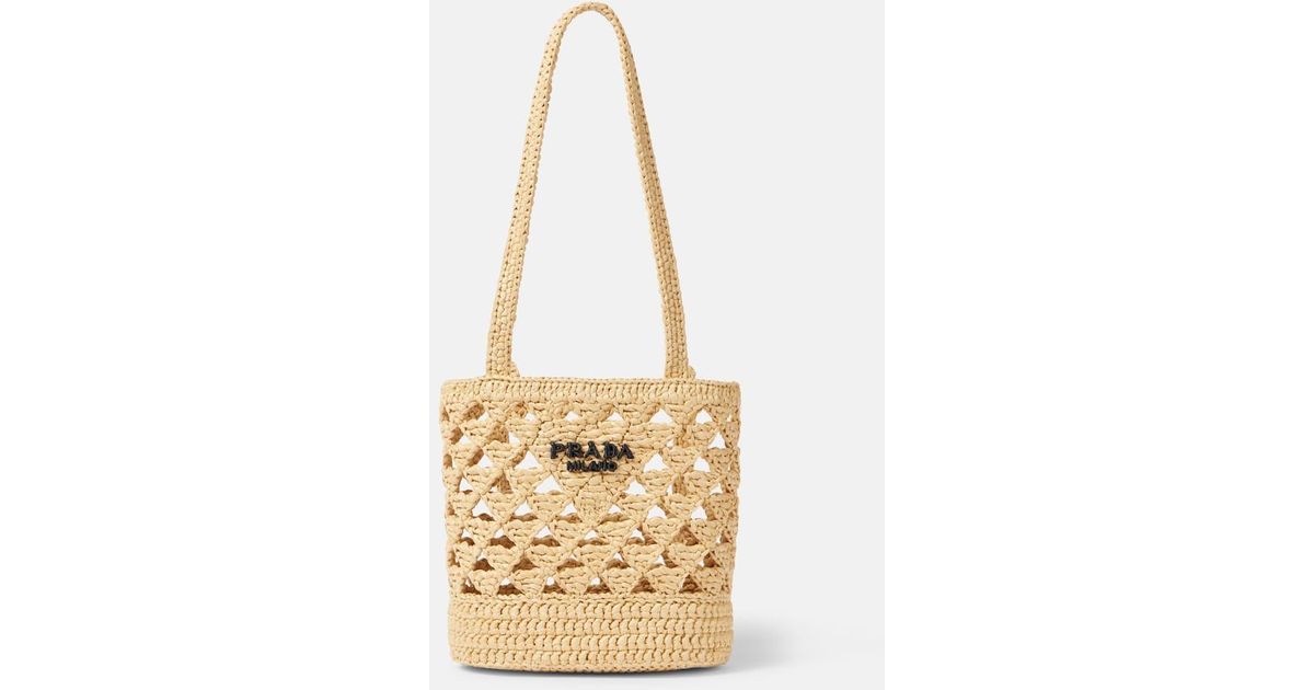 Prada Logo Raffia-Effect Crochet Tote Bag in Metallic | Lyst UK