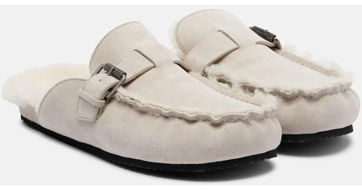 Brunello Cucinelli Monili Shearling-Lined Suede Mules in White | Lyst UK
