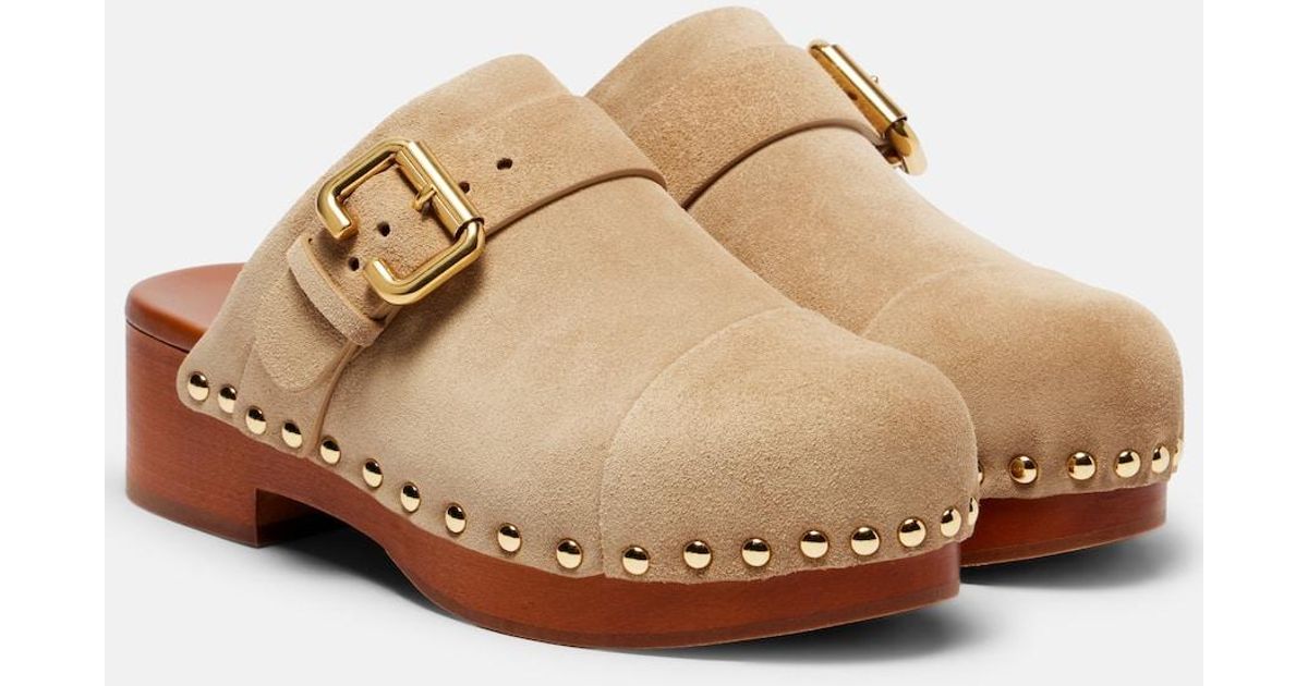 Chloé Jeannette 40 Embellished Suede Clogs in Brown | Lyst UK