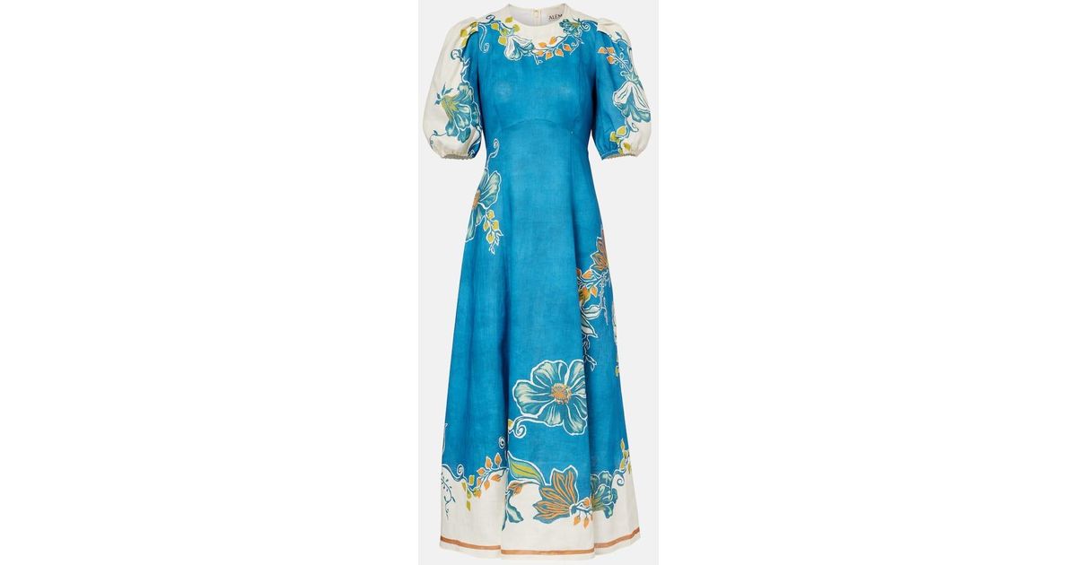 ALÉMAIS Luda Floral Linen Midi Dress in Blue | Lyst