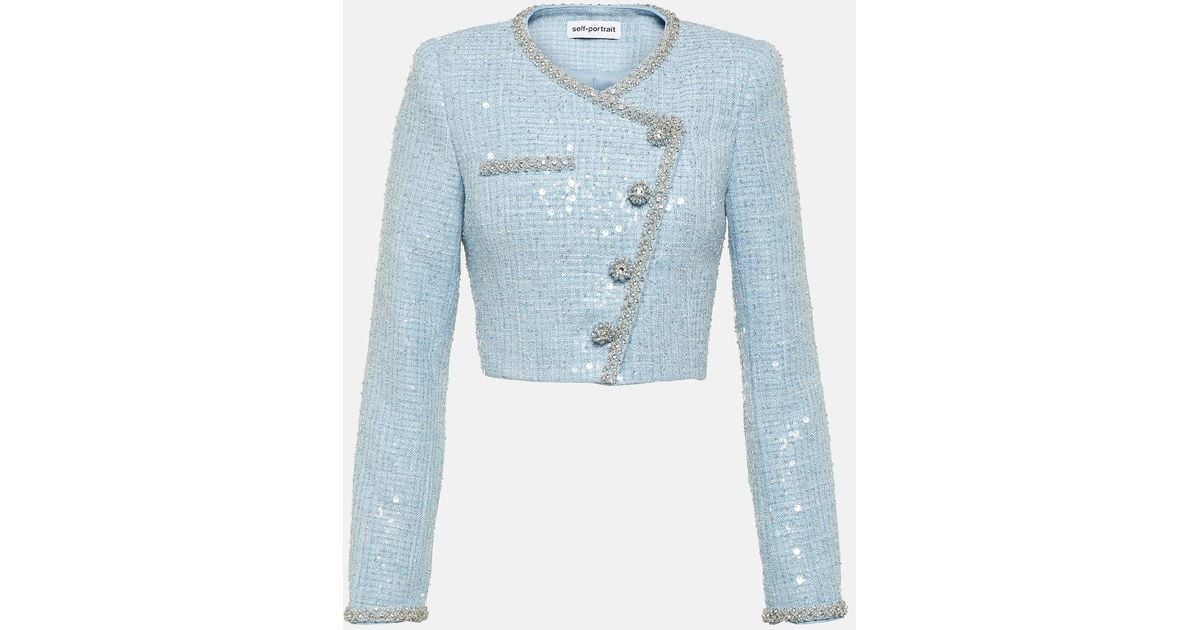 Self-Portrait Cropped Sequin Boucle Blazer in Blue | Lyst UK