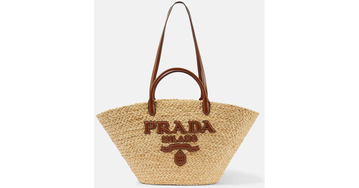 Prada Logo Leather-Trimmed Raffia Basket Bag in Metallic | Lyst