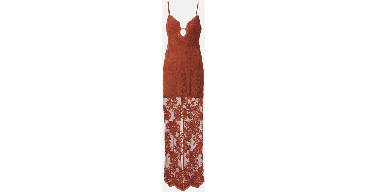 Self-Portrait Sheer Lace Maxi Dress in Red | Lyst UK
