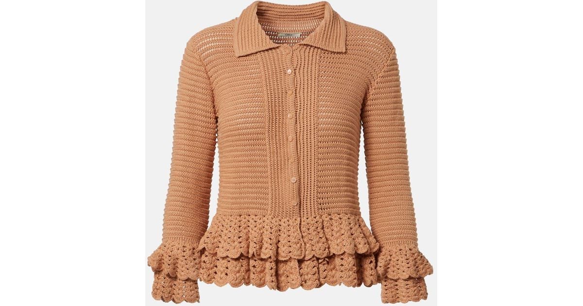 Chloé Ruffled Crochet Cotton Cardigan in Brown | Lyst