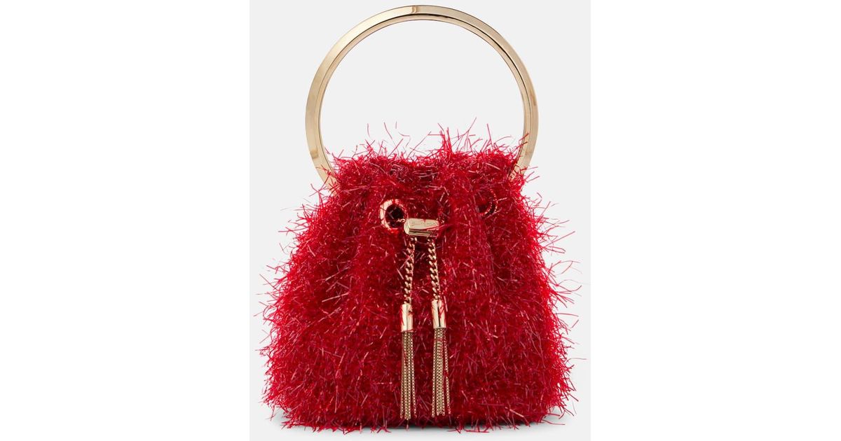 Jimmy Choo Bon Bon Mini Tinsel-Embellished Bucket Bag in Red | Lyst
