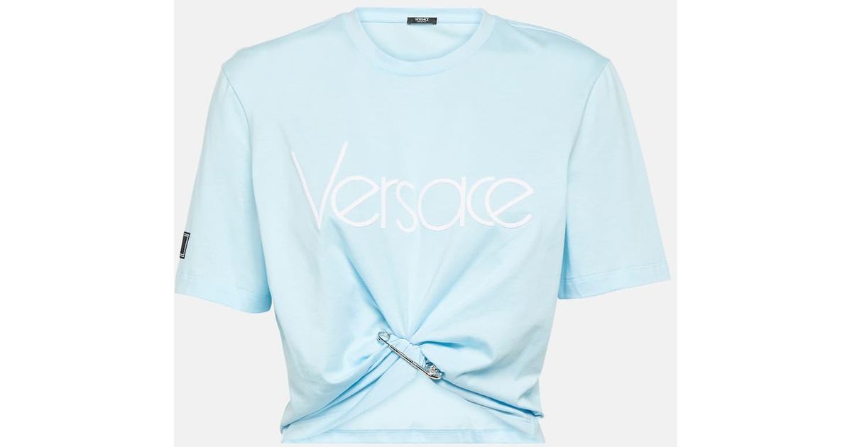 Versace 1978 Re-Edition Logo Cotton Crop Top in Blue | Lyst