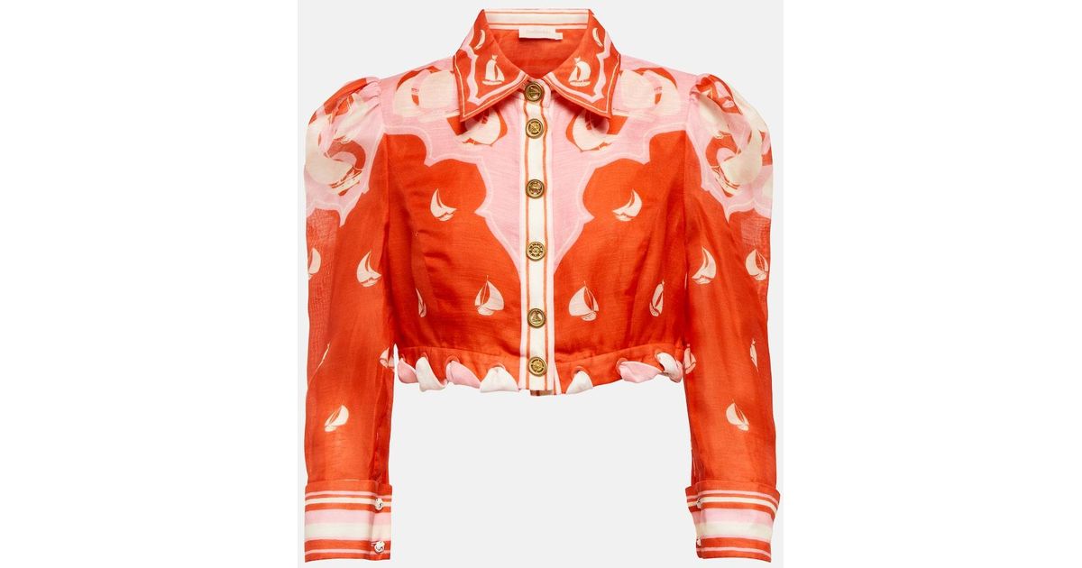 Zimmermann Cropped Printed Linen And Silk Blend Shirt In Brown Lyst