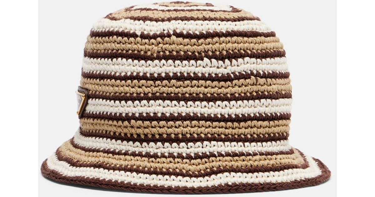 Prada Logo Cotton Crochet Bucket Hat in Natural | Lyst UK