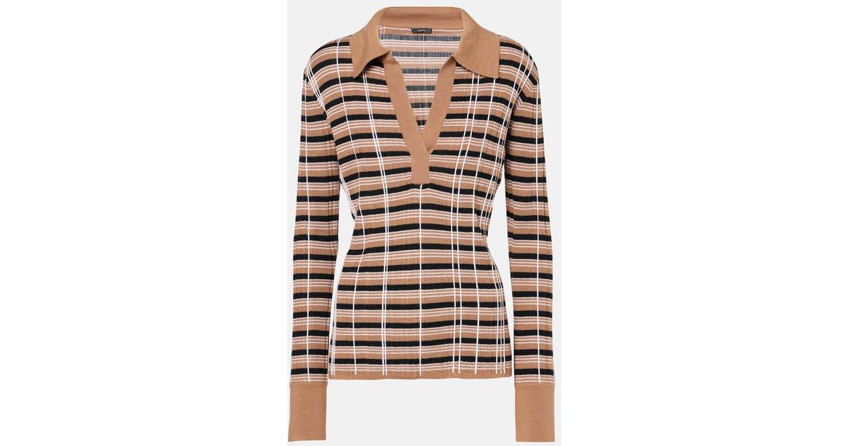 JOSEPH Checked Wool And Silk Polo Sweater in Brown | Lyst