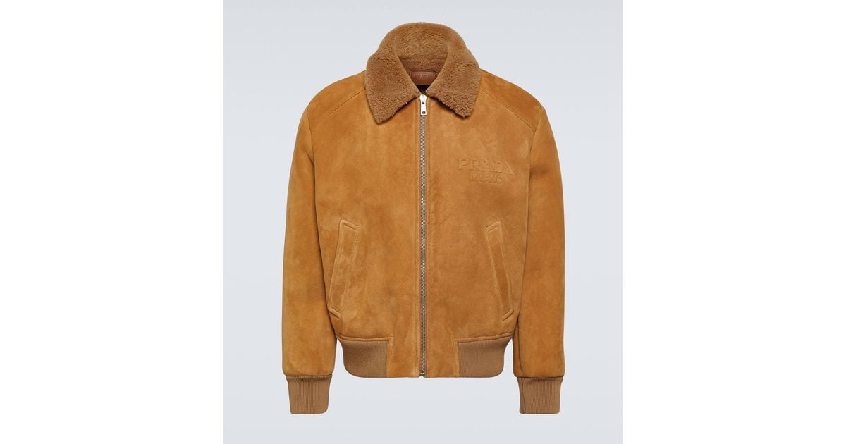 Prada Shearling-Trimmed Suede Bomber Jacket in Brown for Men | Lyst UK