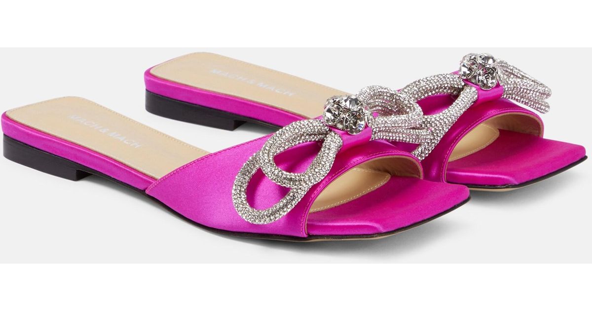 Mach & Mach Double Bow Embellished Satin Mules in Pink | Lyst