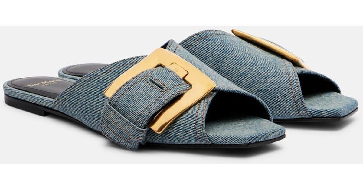 Balmain Anthem Denim Slides in Blue | Lyst