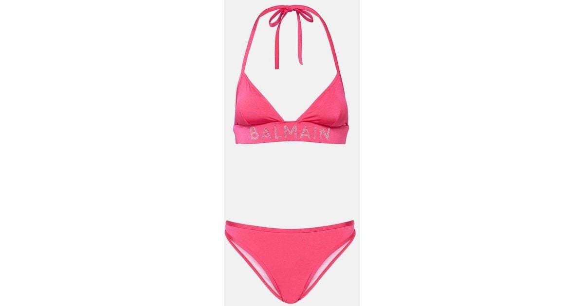 Balmain Logo Crystal-Embellished Bikini in Pink | Lyst UK