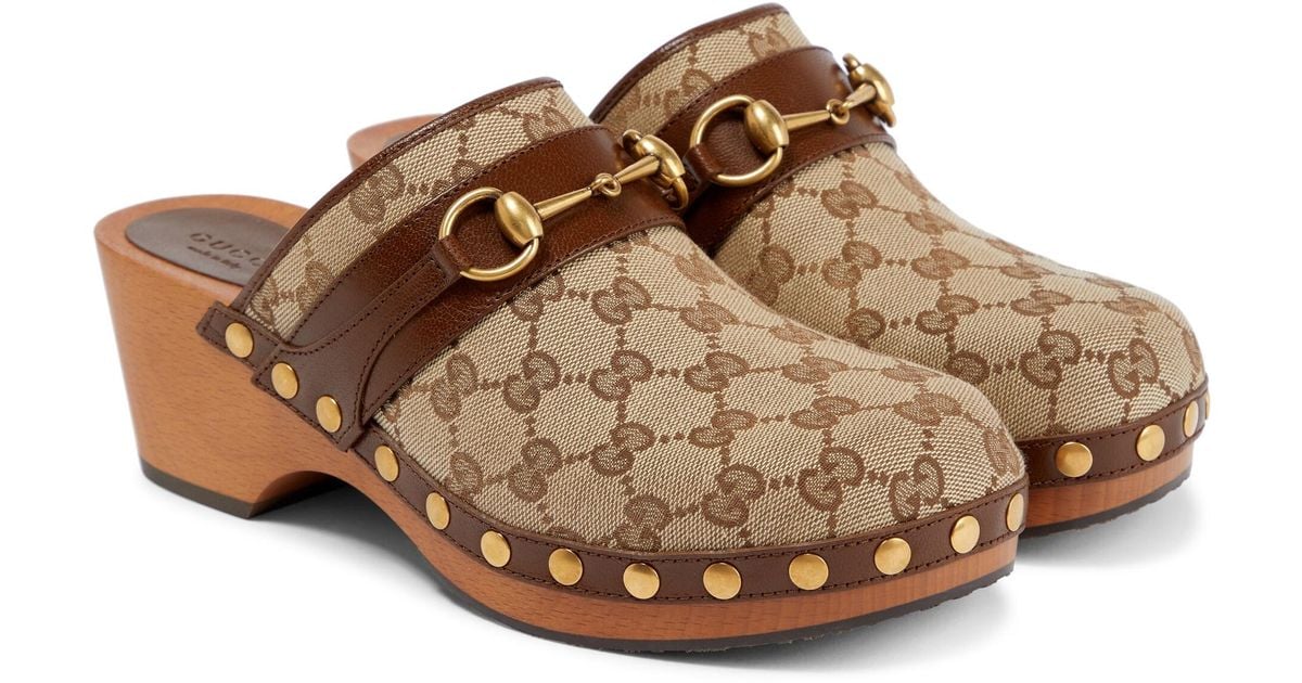 Gucci Leather GG Canvas Clogs in Brown | Lyst