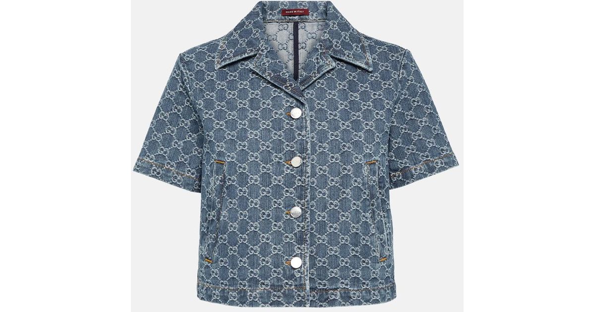 Gucci Gg Cropped Denim Jacquard Top in Blue | Lyst