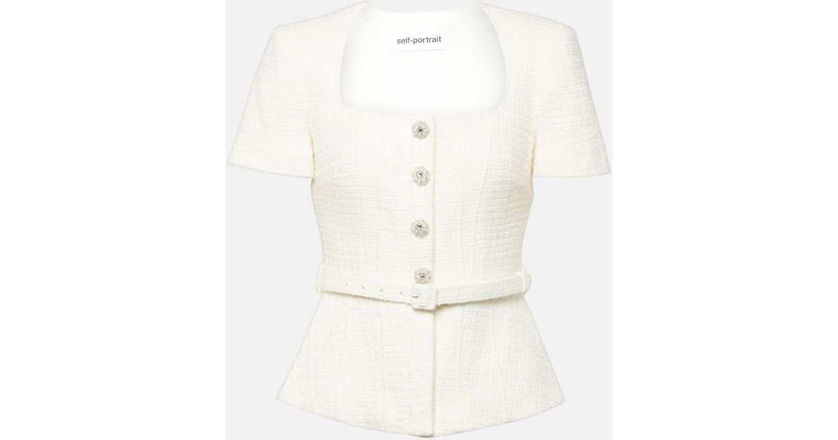 Self-Portrait Boucle Top in White | Lyst UK