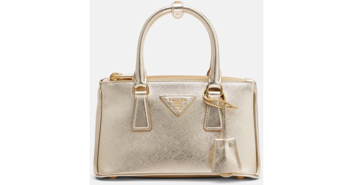 Prada Galleria Mini Metallic Leather Tote Bag in Natural | Lyst