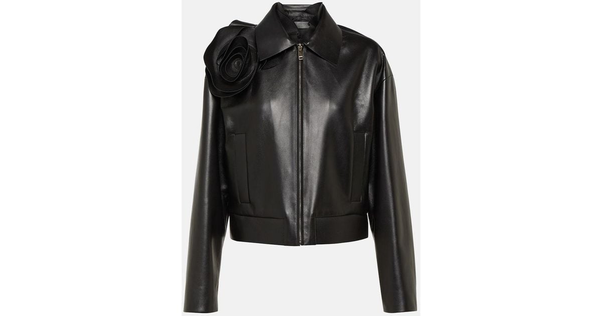 Valentino Floral-applique Leather Jacket in Black | Lyst