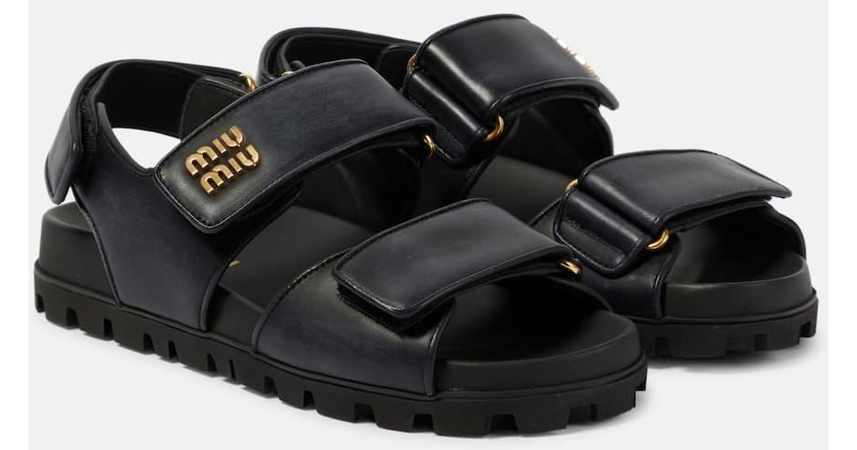 Miu Miu Logo Leather Sandals in Black | Lyst