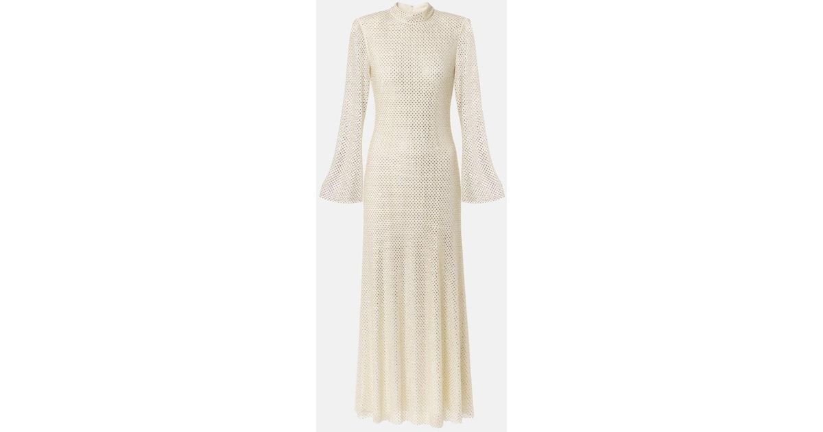 Self-Portrait Embellished Fishnet Midi Dress in Natural | Lyst