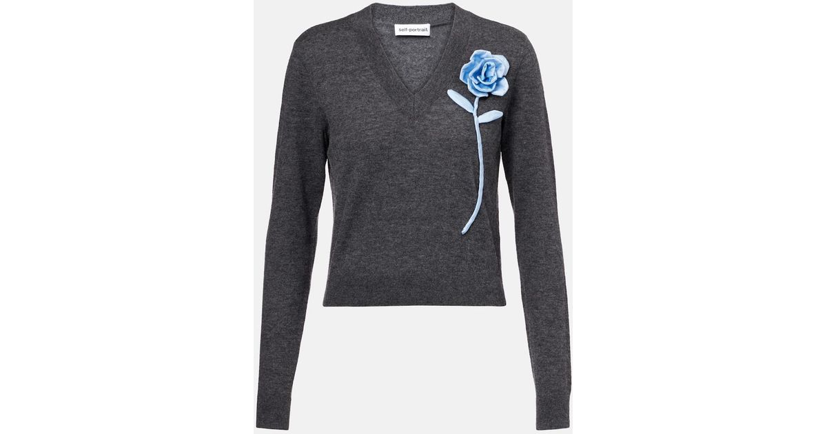 Self-Portrait Floral Wool And Cashmere Sweater in Blue | Lyst