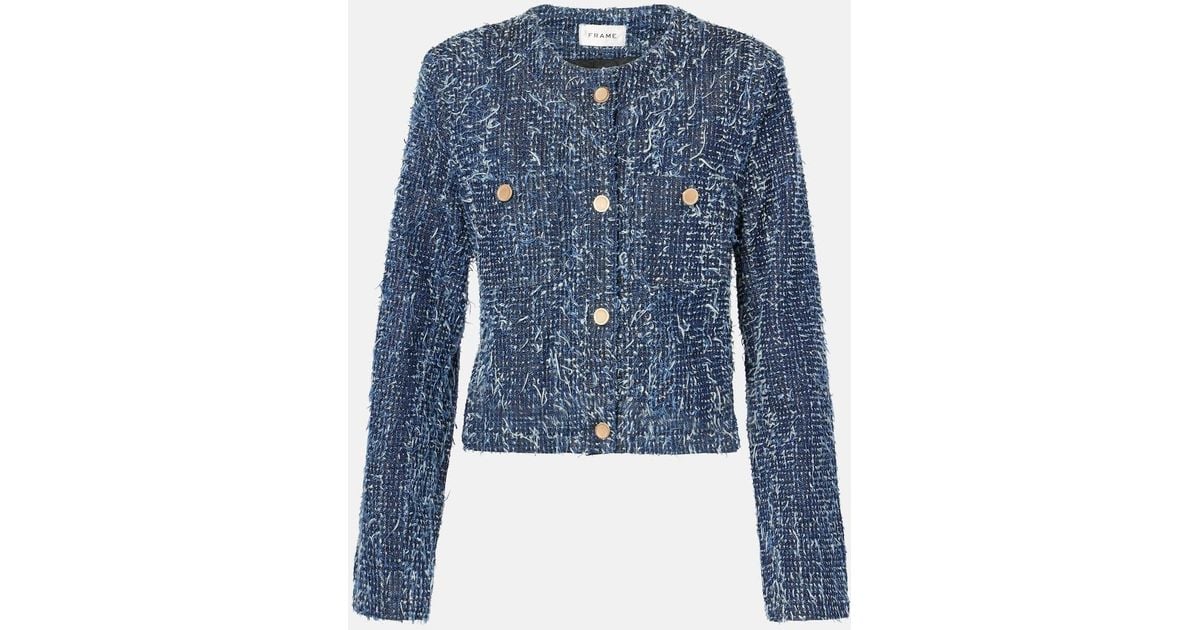 FRAME Cropped Denim Boucle Jacket in Blue | Lyst