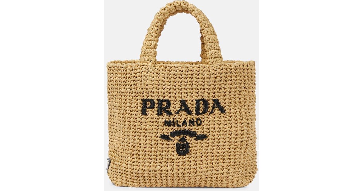 Prada Logo Raffia Shopper in Metallic | Lyst