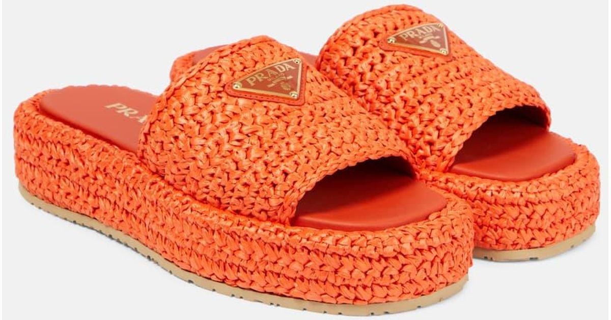 Prada Logo Raffia Platform Slides in Orange | Lyst