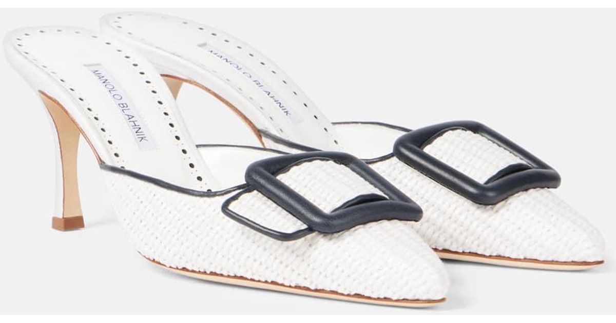 Manolo Blahnik Maysale 70 Leather-Trimmed Raffia Mules in White | Lyst