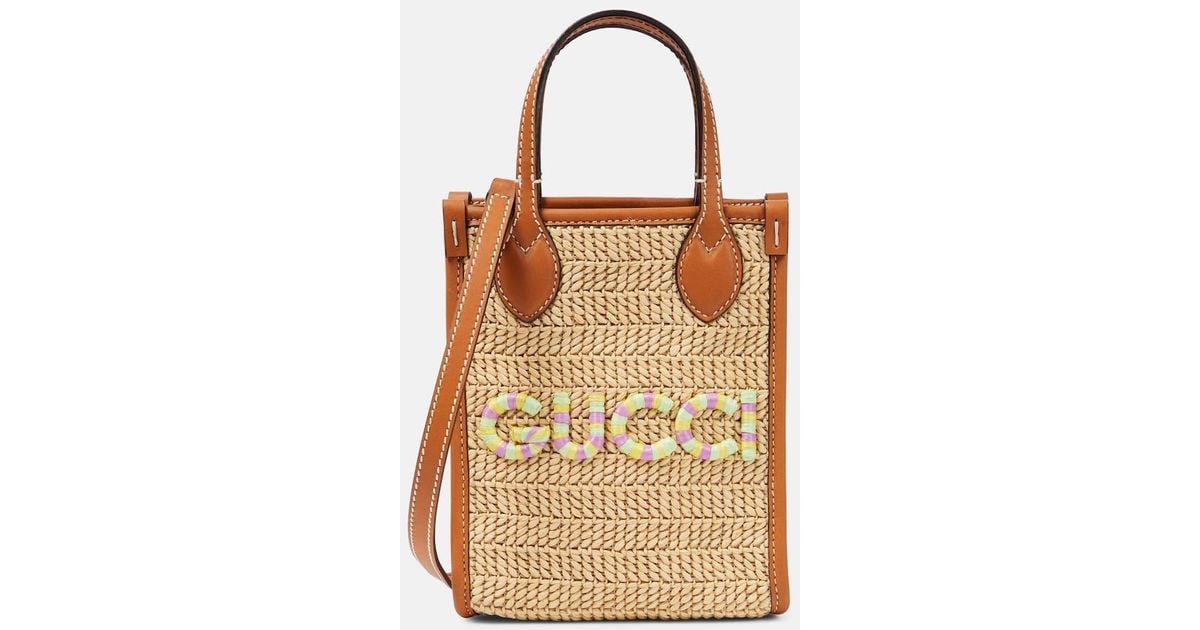 Gucci Mini Logo Raffia Tote Bag in Brown | Lyst