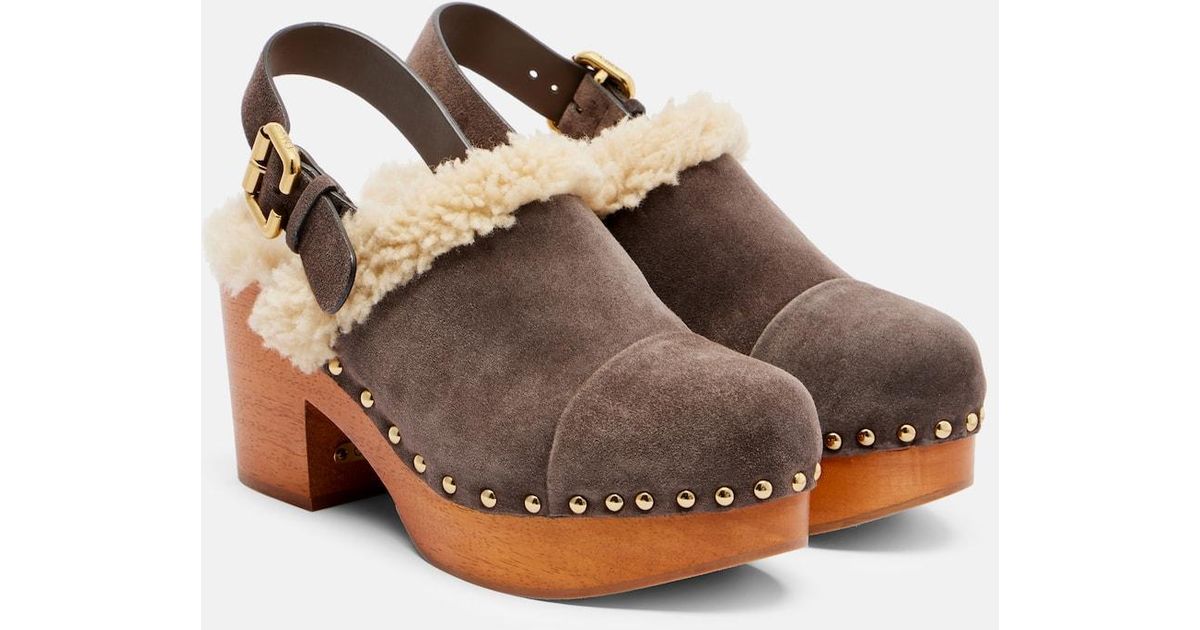 Chloé Jeannette Shearling-Trimmed Suede Wedge Clogs in Brown | Lyst UK