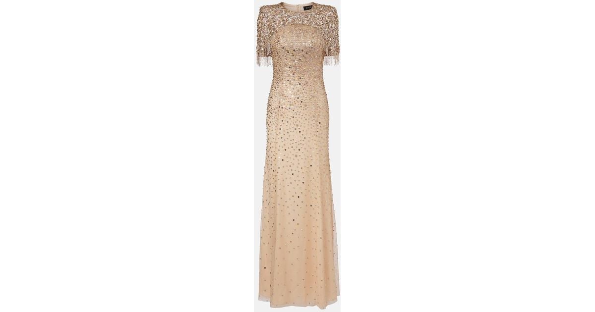 Jenny Packham Esna Embellished Caped Gown in Natural | Lyst