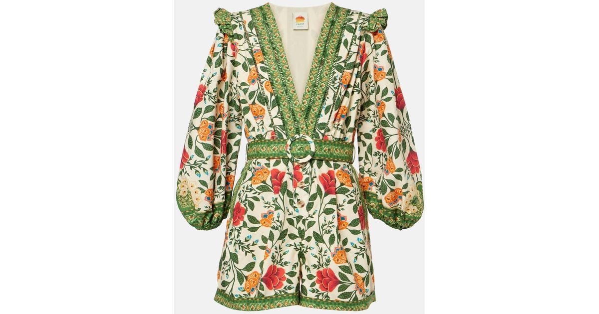 FARM Rio Floral Belted Cotton Romper in Green | Lyst
