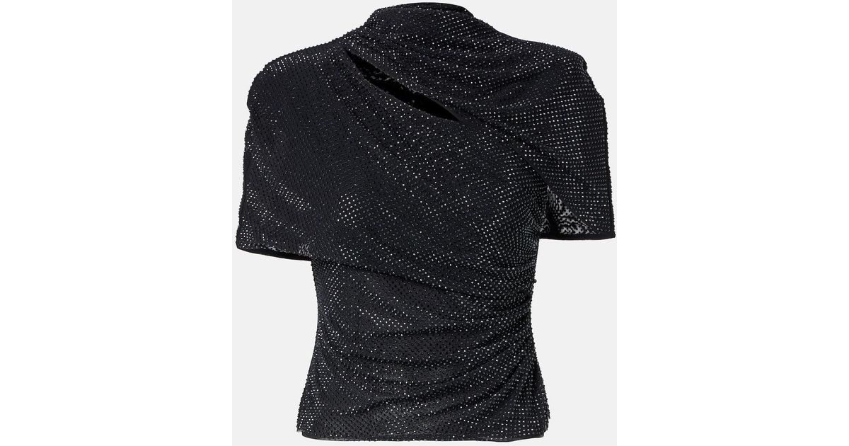 Self-Portrait Draped Embellished Mesh Top in Black | Lyst