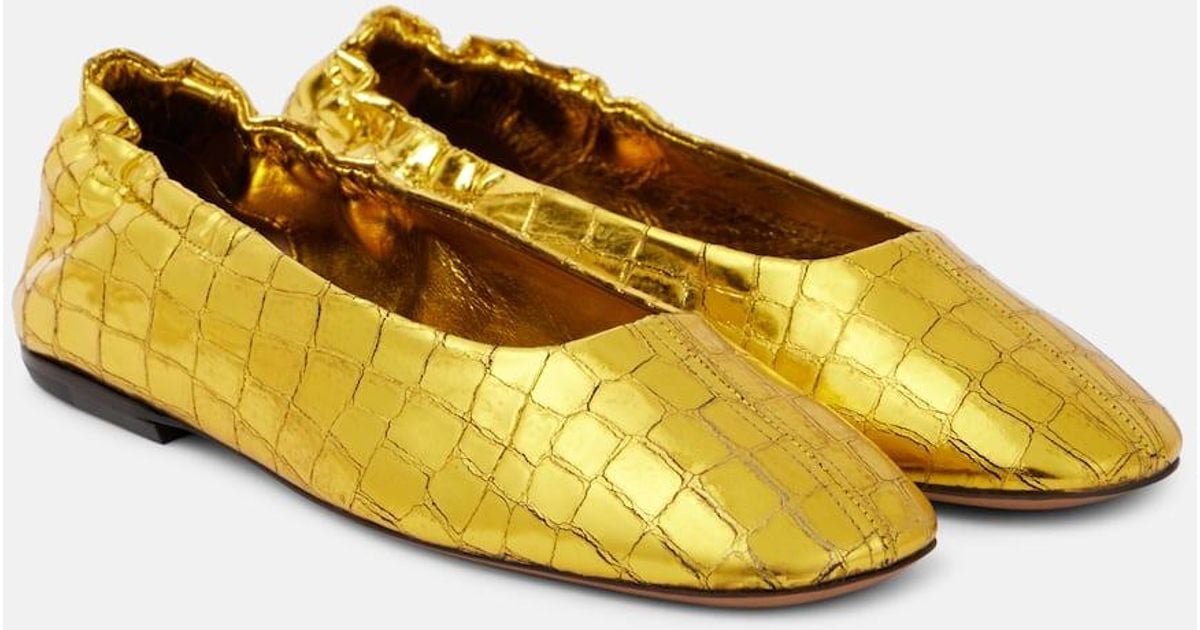 Dries Van Noten Croc-effect Metallic Leather Ballet Flats in Yellow | Lyst