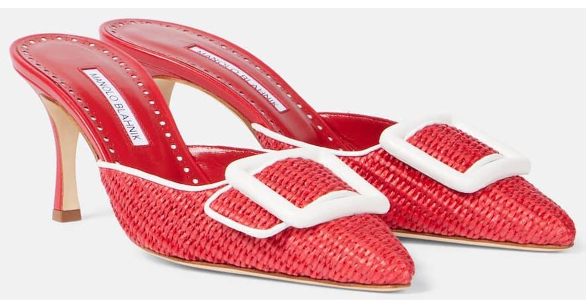 Manolo Blahnik Maysale 70 Leather-Trimmed Raffia Mules in Red | Lyst