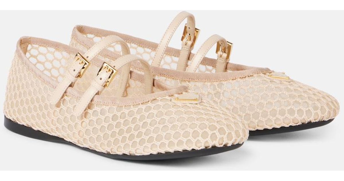 Prada Macrame Mesh Mary Jane Flats in Natural | Lyst