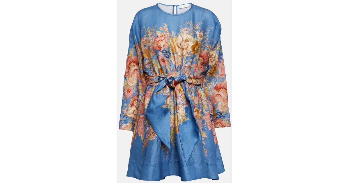 Zimmermann Net Sustain August Belted Floral Print Linen Mini Dress In