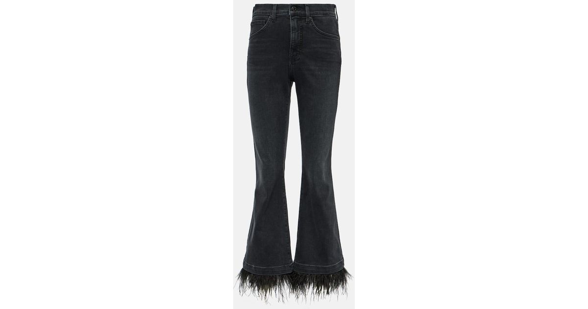 Veronica Beard Carson High-Rise Feather-Trimmed Flared Jeans in Black ...