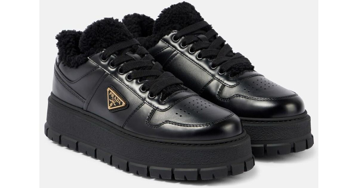 Prada Shearling-Lined Leather Platform Sneakers in Black | Lyst