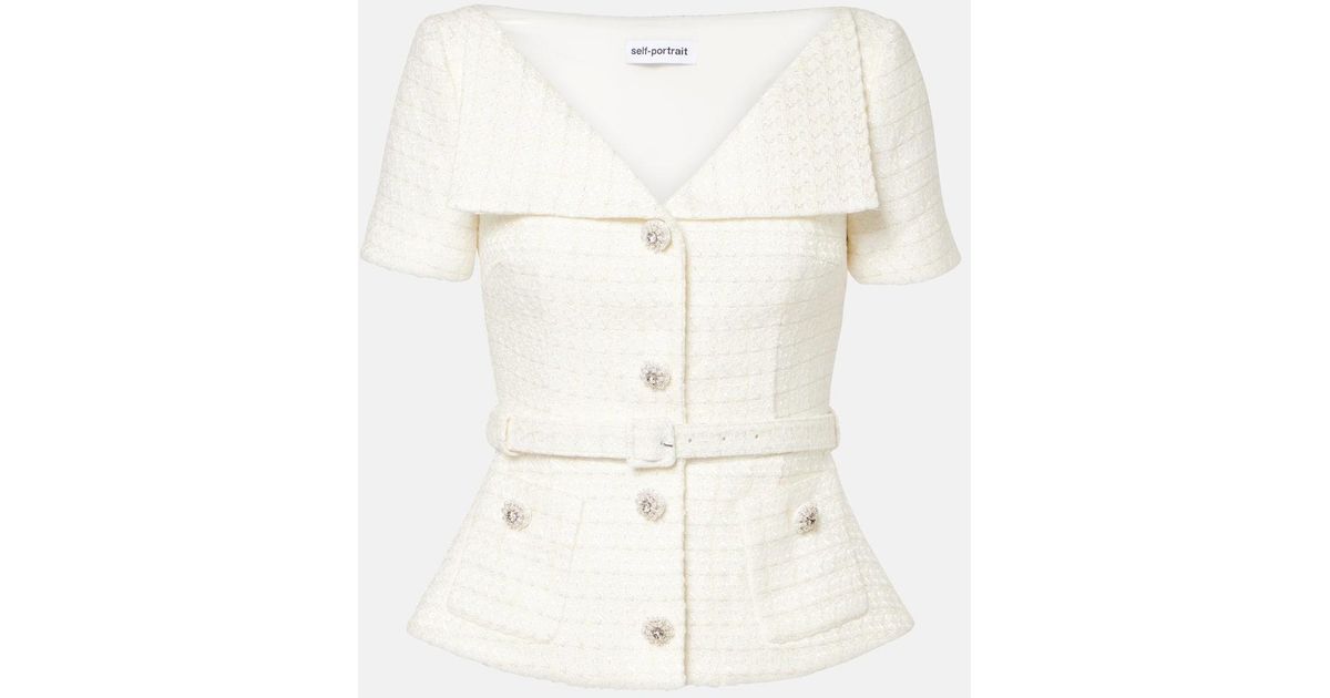 Self-Portrait Belted Boucle Top in White | Lyst