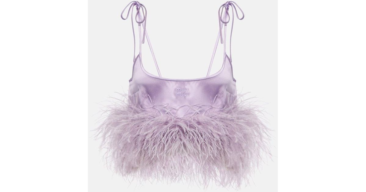Miu Miu Feather-Trimmed Logo Satin Crop Top in Purple | Lyst