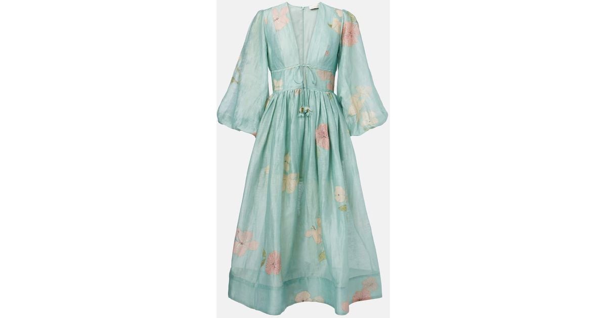 Zimmermann Illuminate Linen And Silk Midi Dress in Blue | Lyst